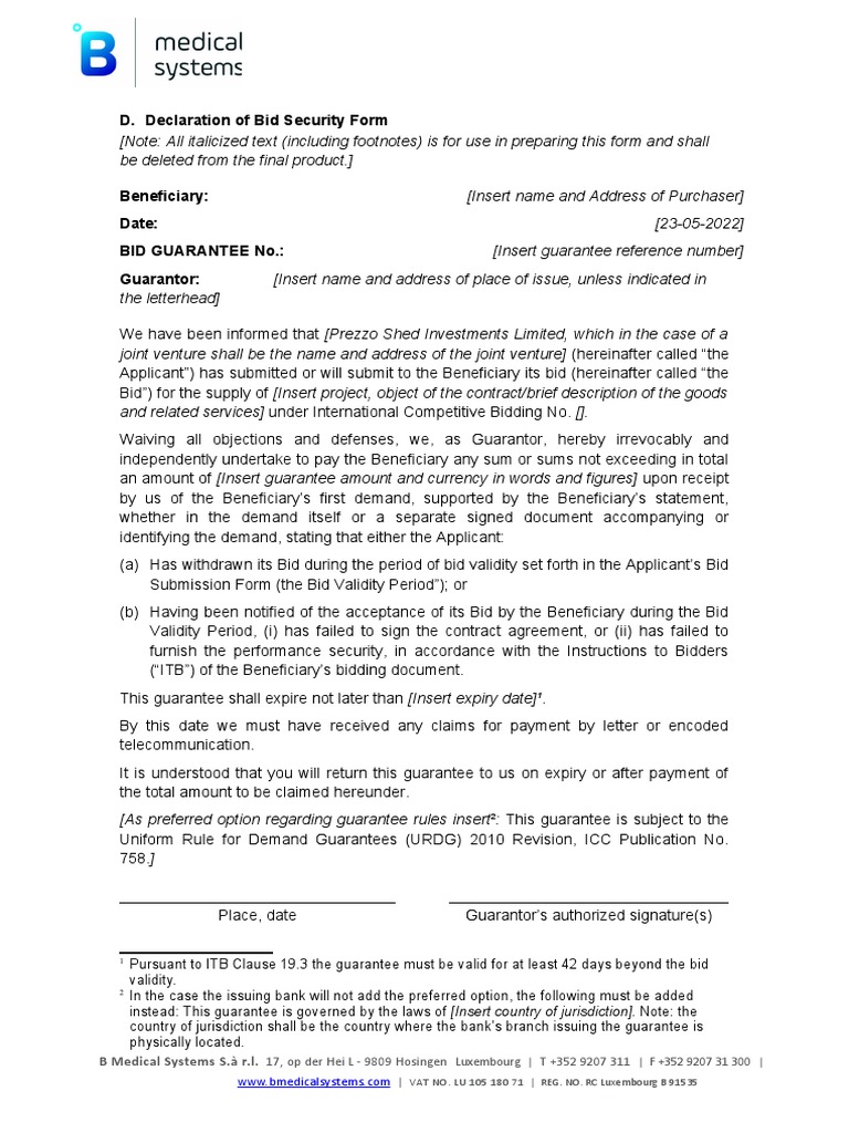 D. Declaration of Bid Security Form | PDF | Guarantee | Joint Venture
