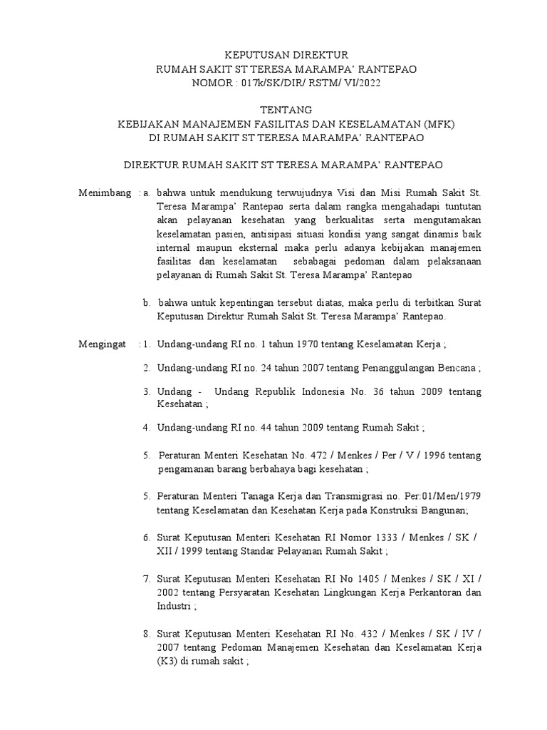 Kebijakan MFK RS St. Teresa | PDF | Teknologi & Rekayasa
