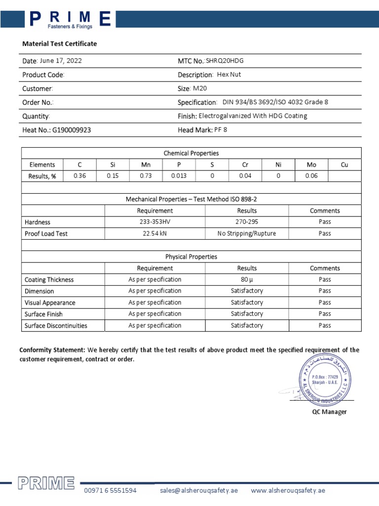 Prime Fastener M20 Nut - MTC | PDF | Materials Science | Secondary ...