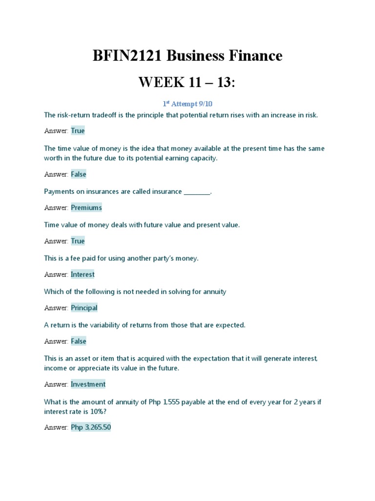 BFIN2121 Business Finance WEEK 11-19 Wewo | PDF | Interest | Present Value