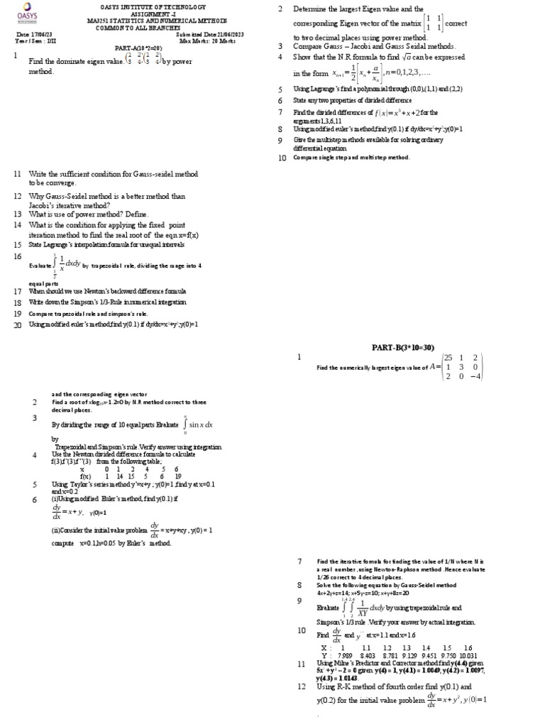 Assignment 1 Important Questions | PDF | Eigenvalues And Eigenvectors | Mathematical Analysis