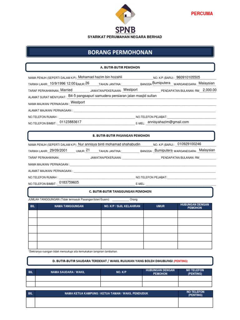 Borang Permohonan: Syarikat Perumahan Negara Berhad | PDF