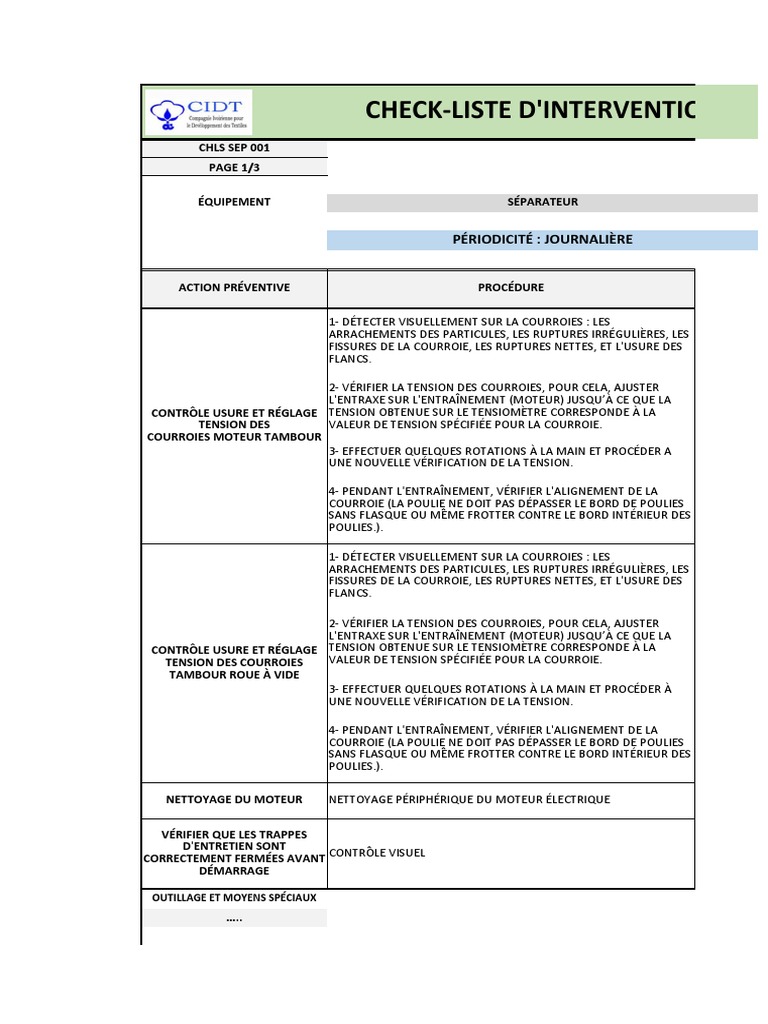 Checklist d'Intervention Préventive Séparateur | PDF