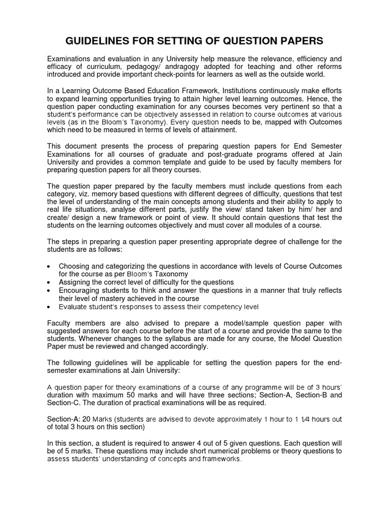 Guidelines For Setting of Question Papers | PDF