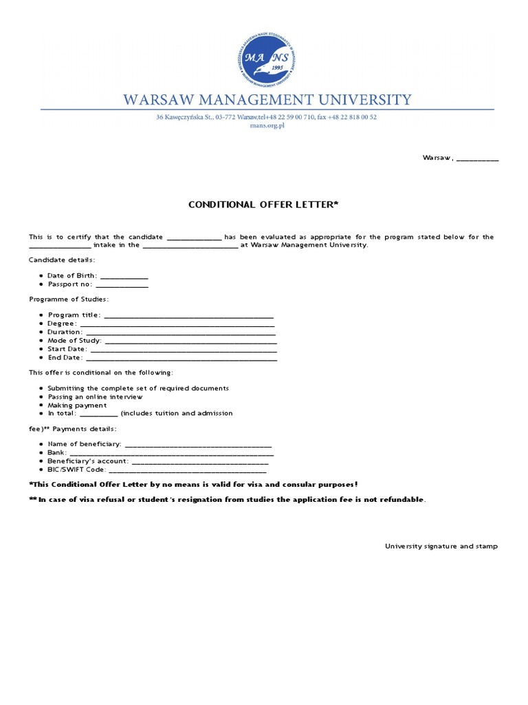 Conditional Offer Letter | PDF