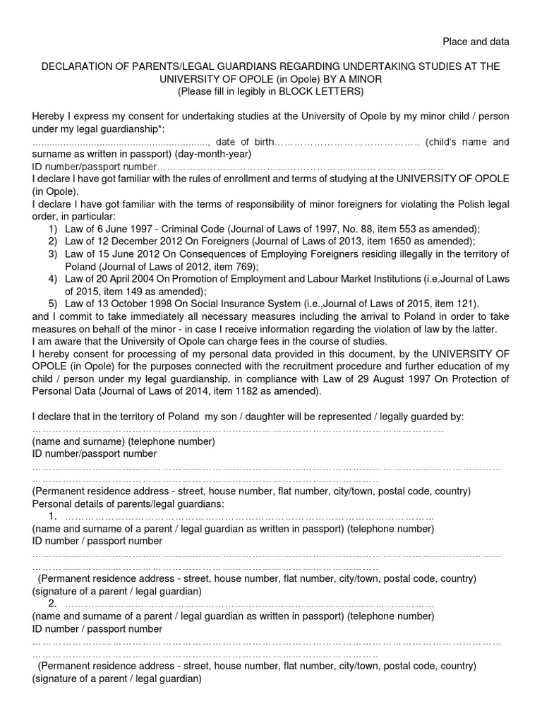 Declaration of the parent of the minor candidate | PDF | Legal Guardian ...