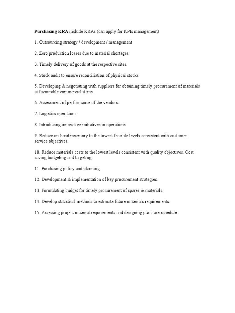 Purchasing Manager KRA and KPIs | PDF | Business