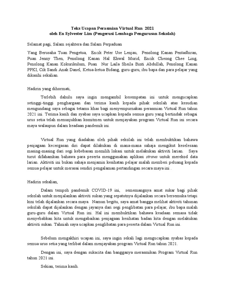 Teks Ucapan Sylvester Lim Merentas Desa Virtual Run 2021 | PDF