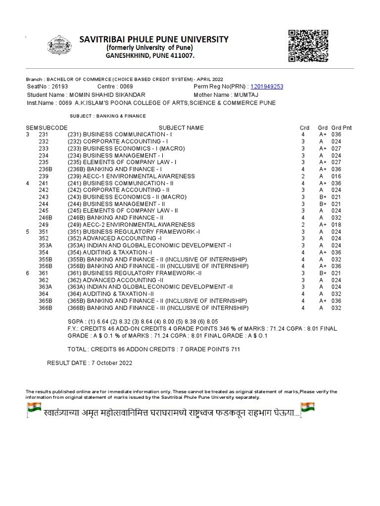 Savitribai Phule Pune University, Online Result | PDF