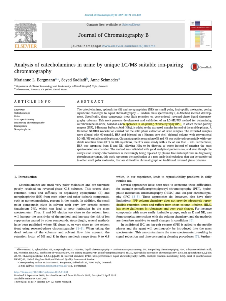 Analysis of catecholamines in urine by unique LC-MS suitable ion ...
