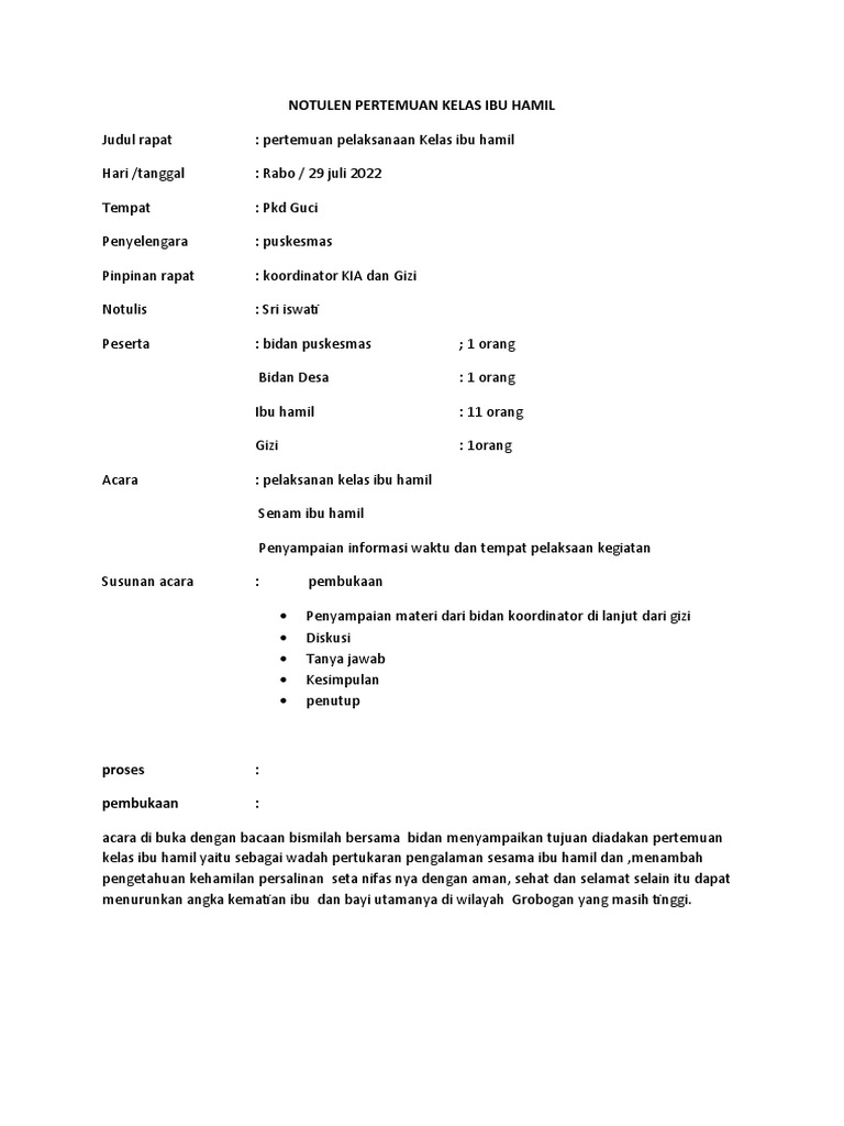 Notulen Pertemuan Kelas Ibu Hamil | PDF
