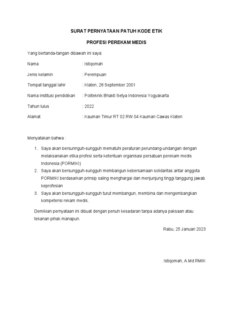 SURAT PERNYATAAN PATUH KODE ETIK Isti | PDF SURAT PERNYATAAN PATUH KODE ETIK Isti | PDF
