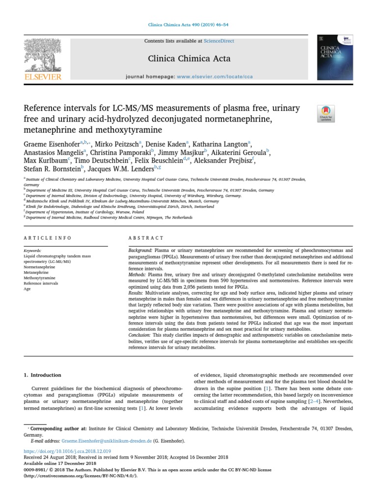 Reference Intervals For LC-MS-MS Measurements of Plasma Free, Urinary ...