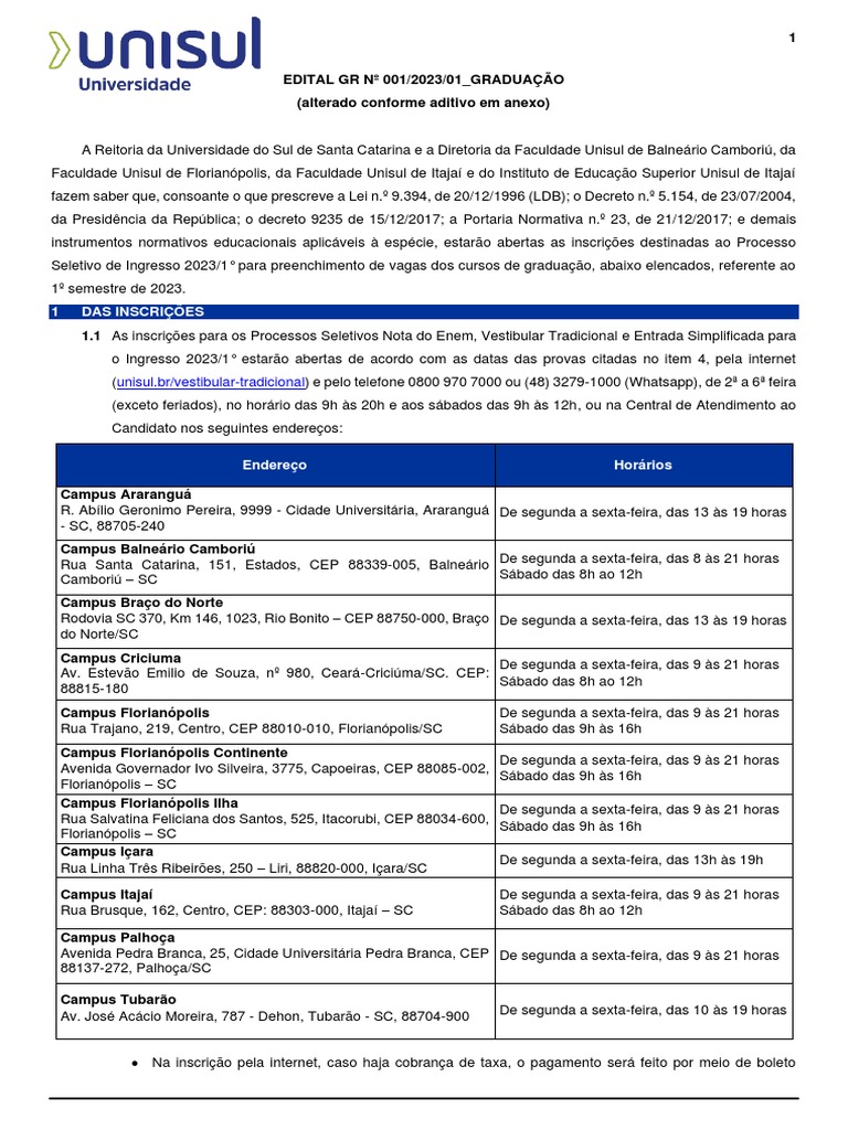 UNISUL - EDITAL GR No 001 2023 - 01 TRADICIONAL v1.5 | PDF | Science ...
