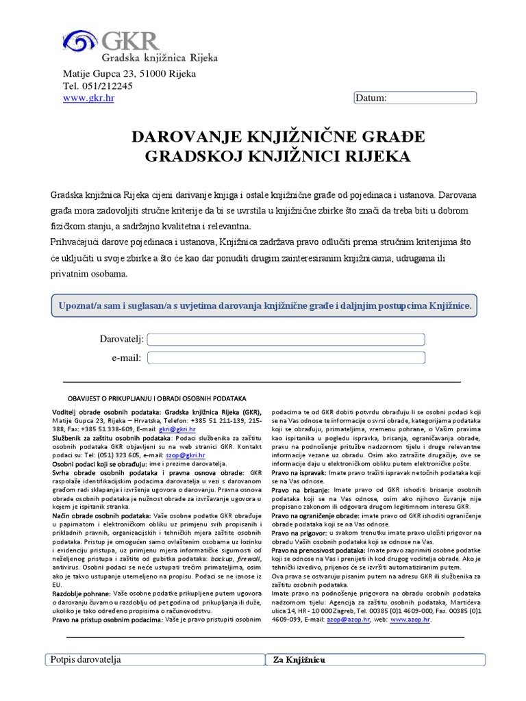 Darovanje Građe Obrazac Novi Dizajn | PDF