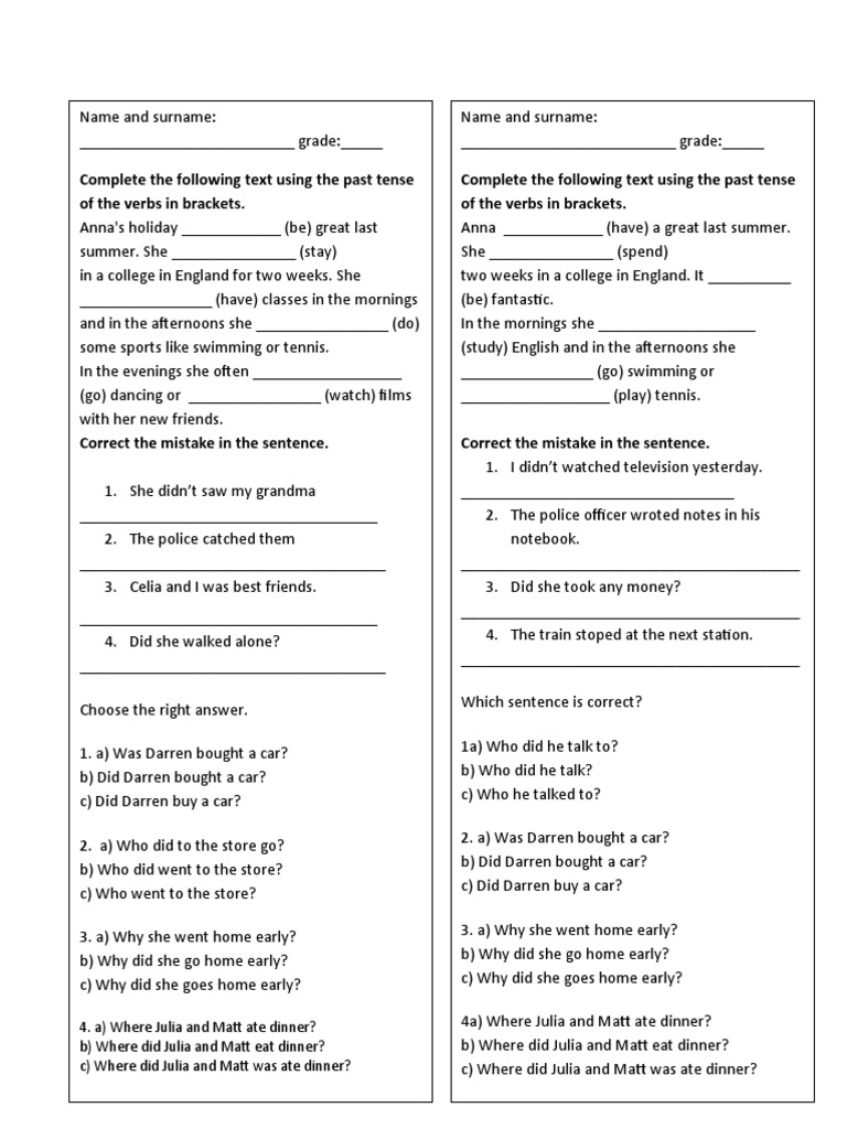 Quiz Past Simple | PDF | Grammar | Linguistic Typology