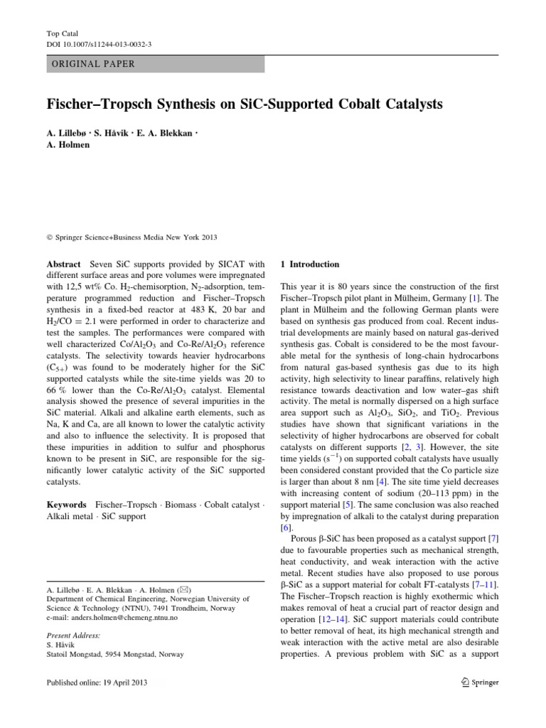 Fischer-Tropsch Synthesis On Sic-Supported Cobalt Catalysts | PDF ...
