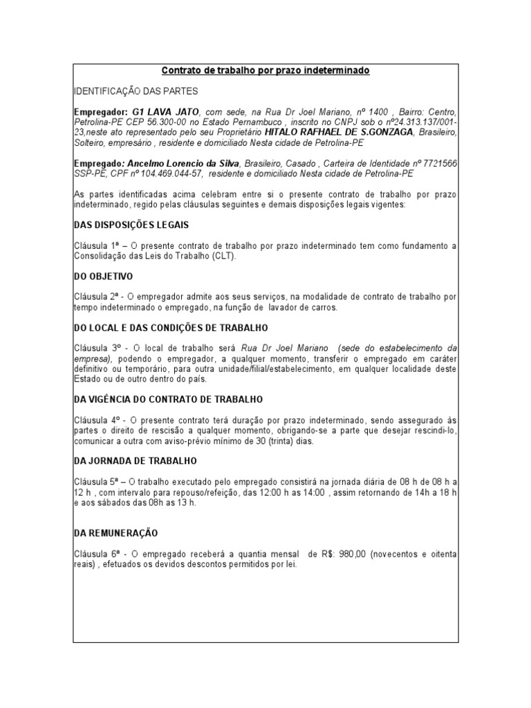 Contrato de Trabalho Por Prazo Indeterminado | PDF
