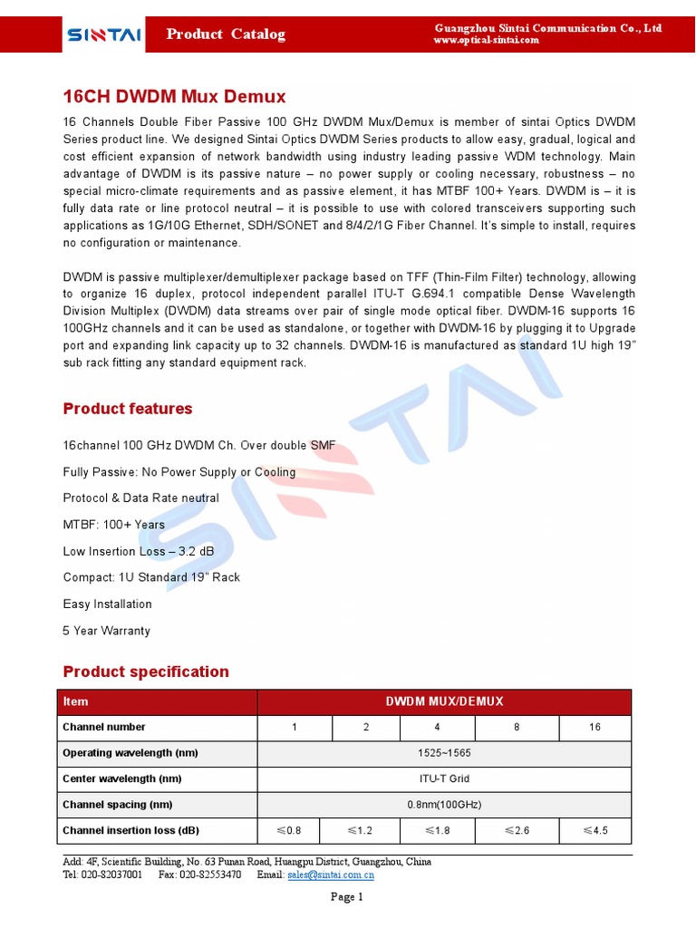 16ch DWDM Mux Demux | PDF | Wavelength Division Multiplexing | Telecommunications