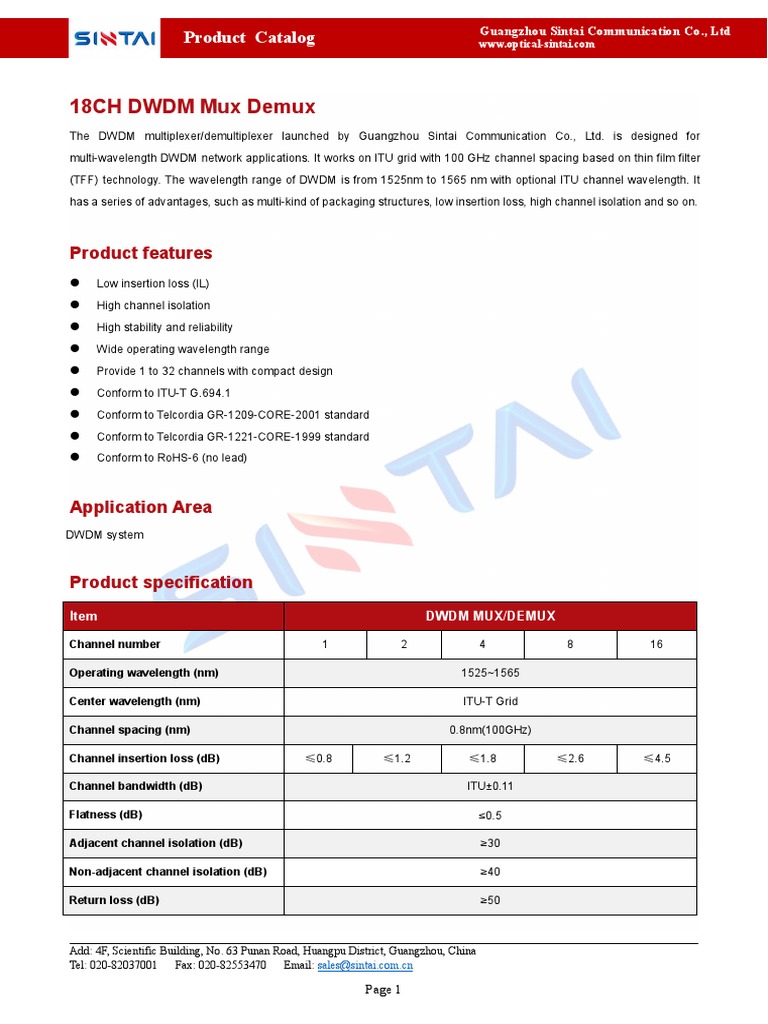 18ch DWDM Mux Demux | PDF | Wavelength Division Multiplexing | Electronics