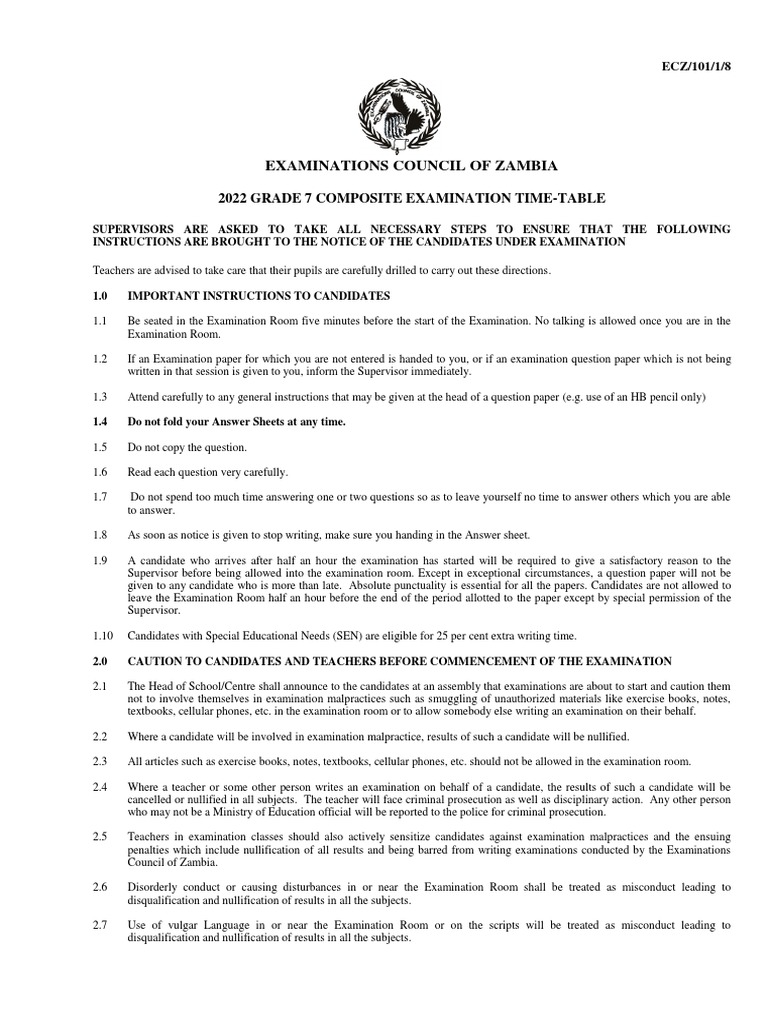 2022 Zambia Grade 7 Exam Schedule | PDF