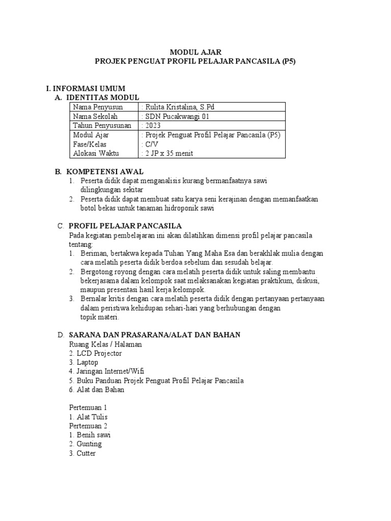 MODUL AJAR p5 Kelas 5 | PDF | Sains & Matematika