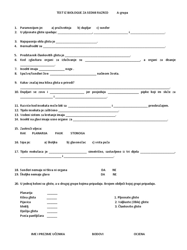 Test Iz Biologije Za Sedmi Razred A | PDF