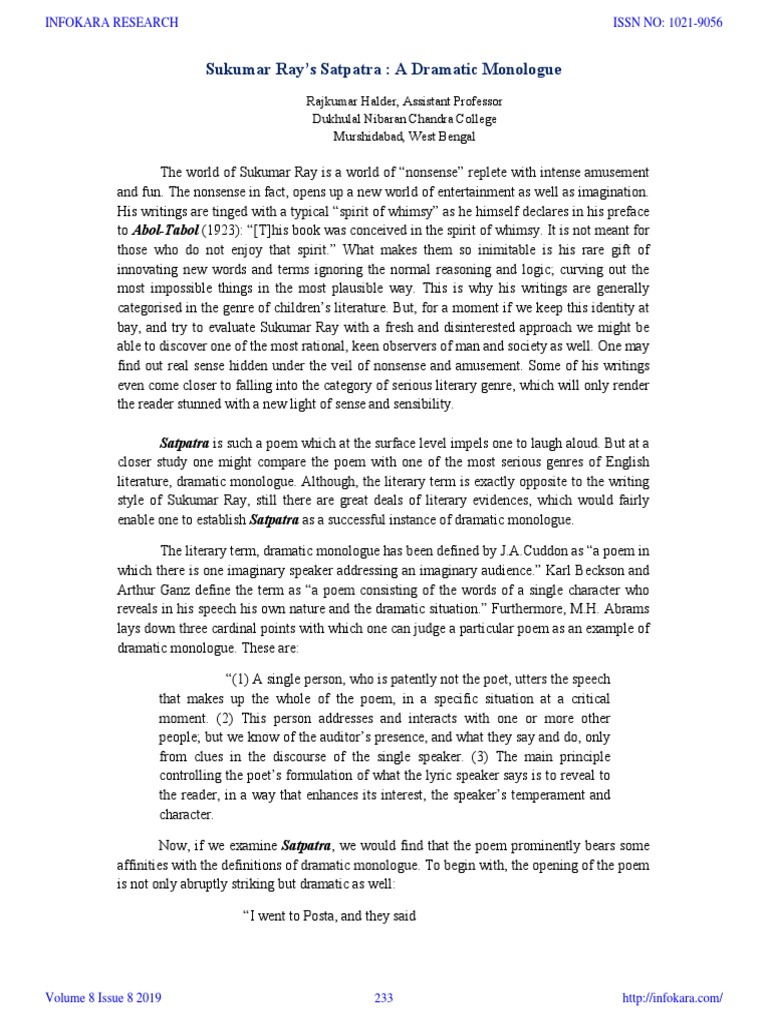 Satpatra: Sukumar Ray's Dramatic Monologue | PDF | Poetry | Satire