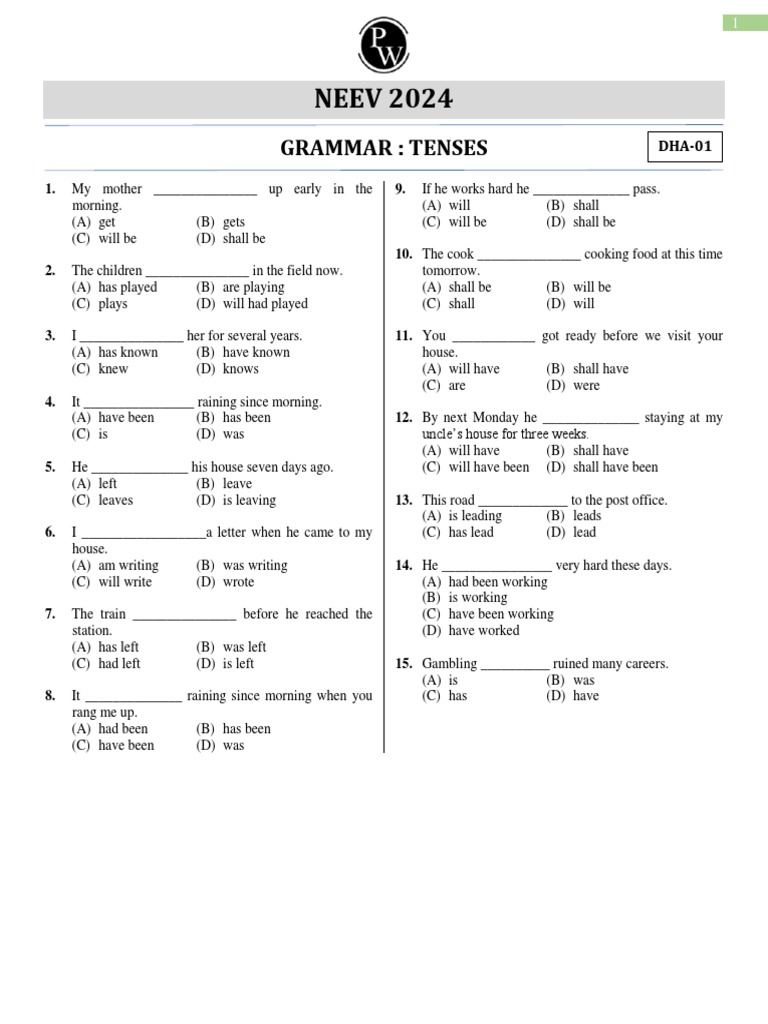 Grammar _ Tenses _ Daily Home Assignment 01 __ (Neev 2024) (1) | PDF