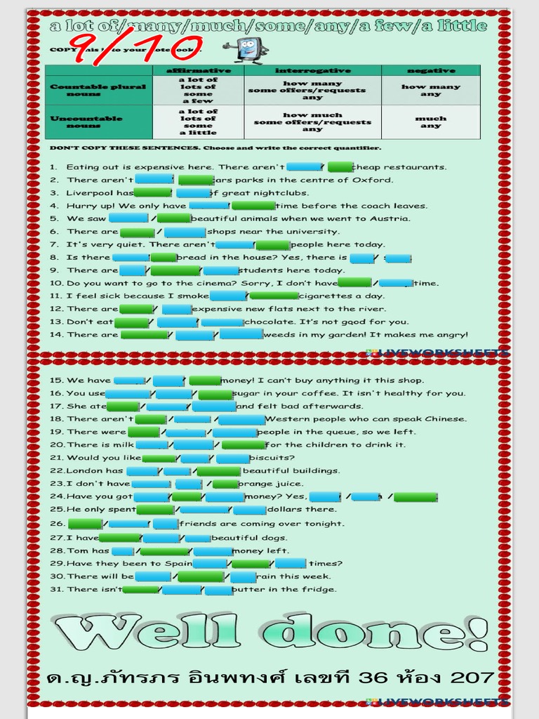 Quantifiers Online PDF Worksheet for Pre-Intermediate 2 | PDF