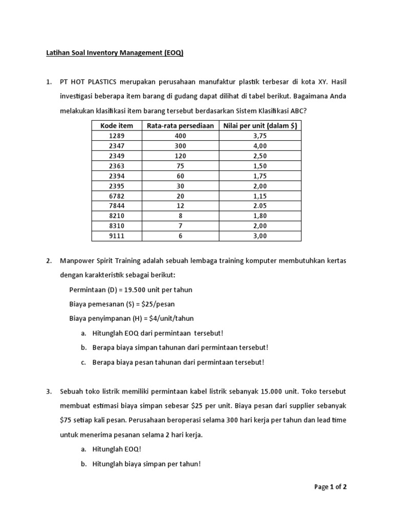 Latihan Soal Inventory Management (EOQ) | PDF | Teknologi & Rekayasa