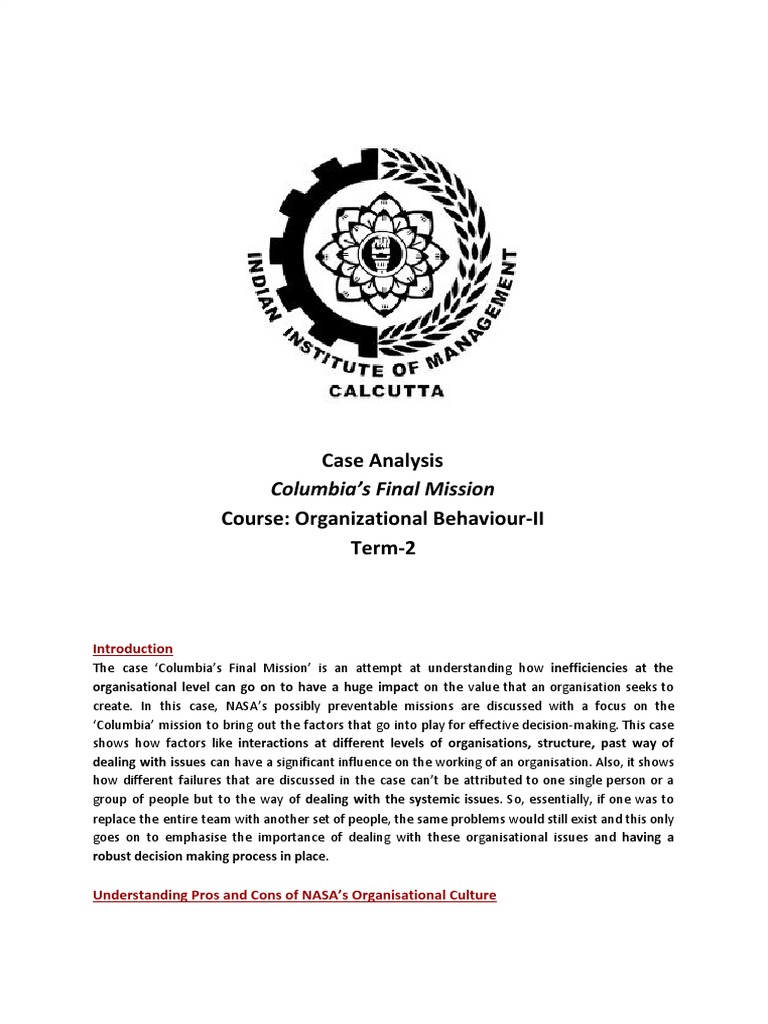 Case Study Solution Columbia S Final Mission PDF | PDF | Nasa | Space Shuttle Challenger