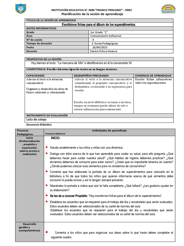 Sesion Comu Escribimos Fichas | PDF | Aprendizaje | Cognición