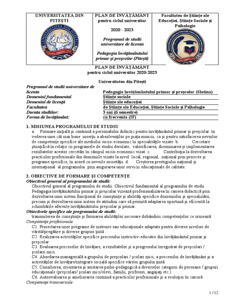 Plan Invatamant Pedagogia Invatamantului Primar Si Prescolar 2020 2023 ...