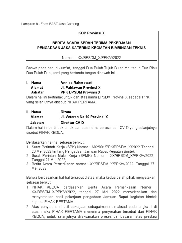 Form BAST Jasa Catering Kegiatan Bimtek | PDF
