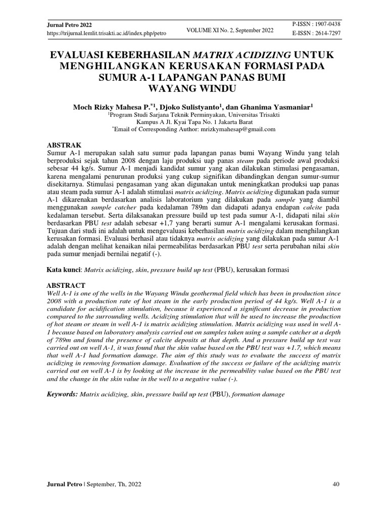 Evaluasi Keberhasilan Matrix Acidizing Untuk Menghilangkan Kerusakan ...