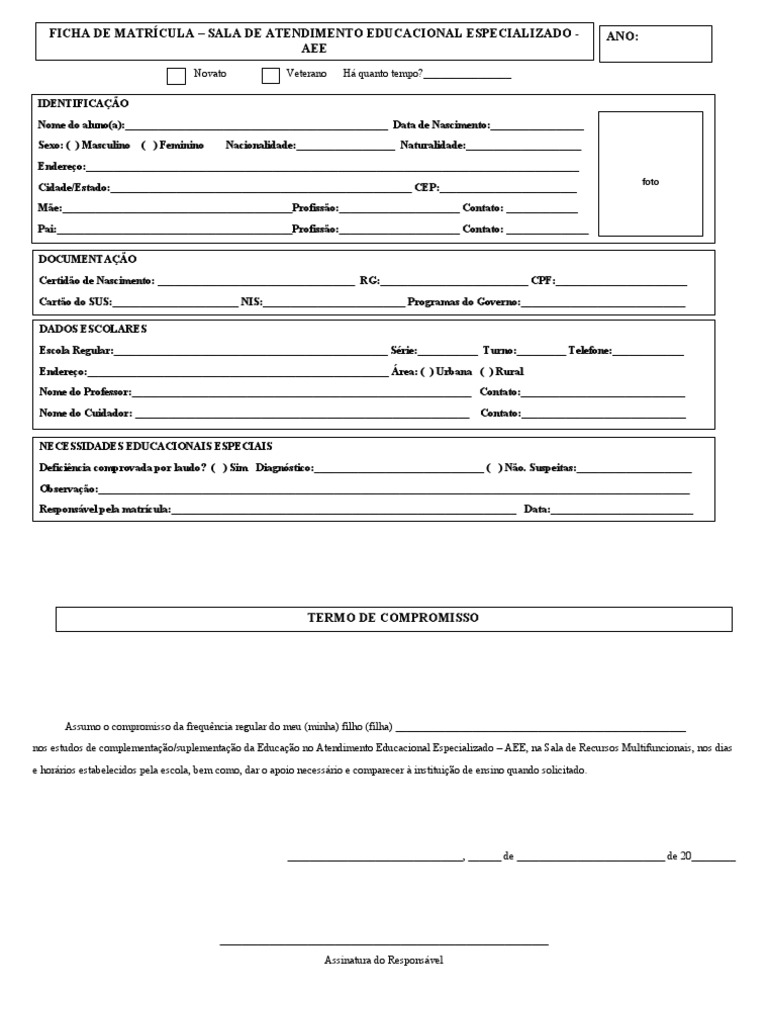 Ficha de matrícula do AEE | PDF | Educação Especial
