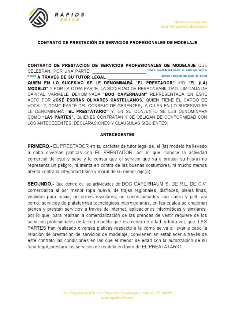 Contrato de Prestación de Servicios Profesionales de Modelaje Menores ...