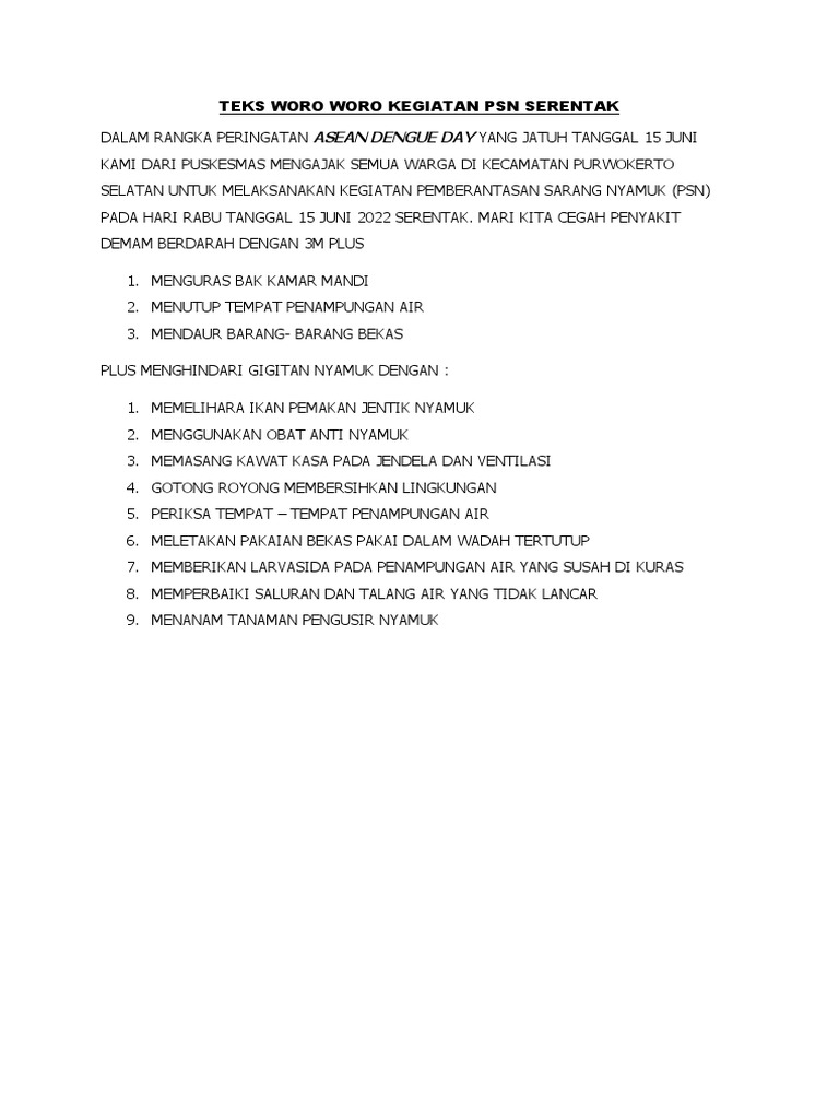 Woro-Woro Kegiatan PSN 15 Juni 2022 | PDF