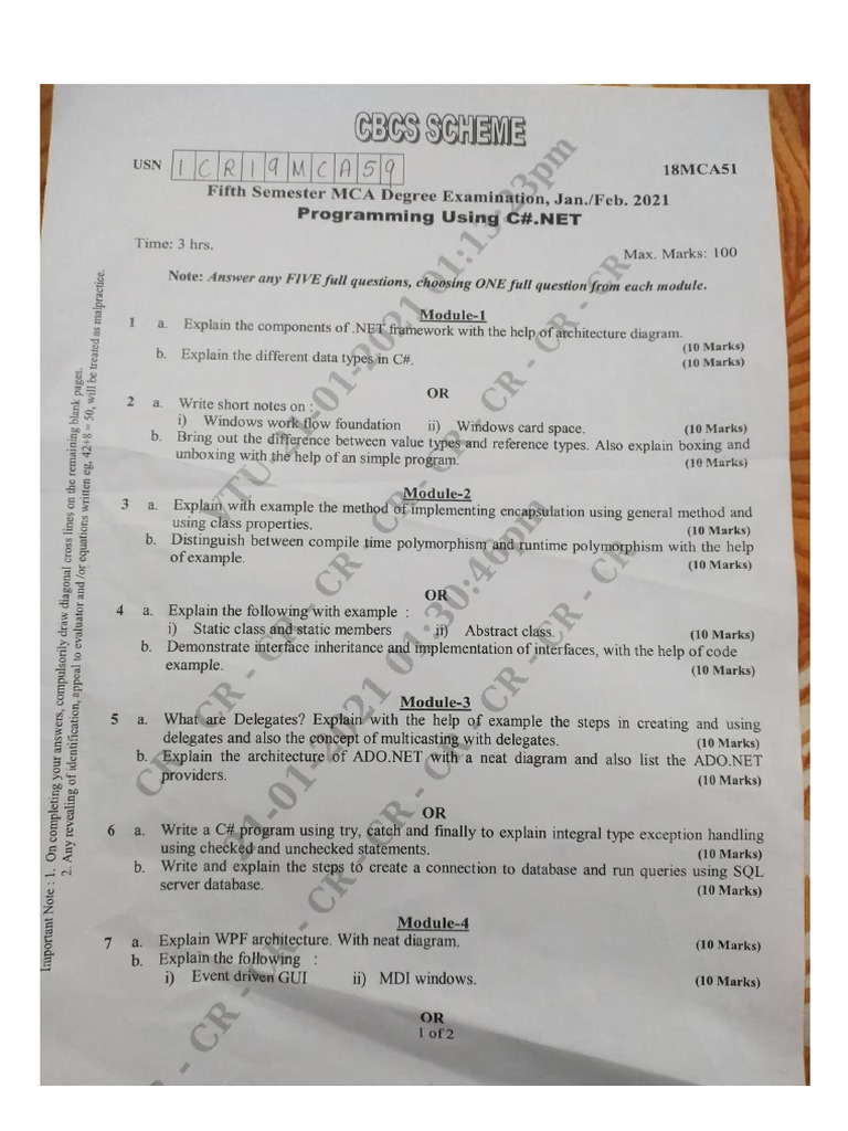 VTU Exam Question Paper With Solution of 18MCA51 Programming Using C#.NET Jan-2021-Ms Uma B ...