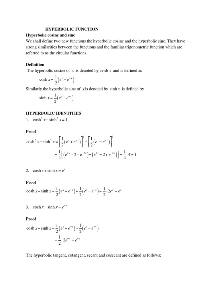 Hyperbolic Functions Pdf Trigonometric Functions Subtraction