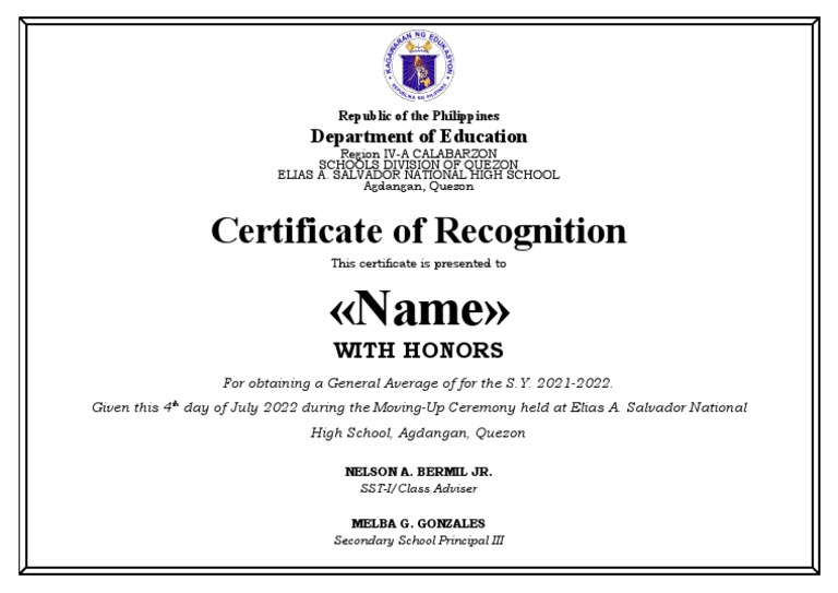 Certificate of Recognition - Template | PDF