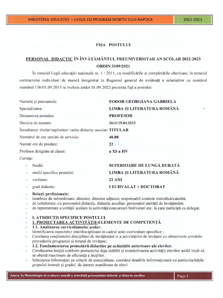 Fisa Postului 2022-2023 | PDF