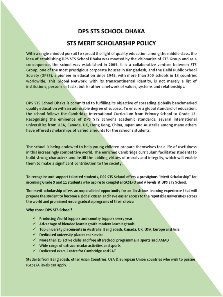 DPS STS School Dhaka Merit Scholarship Guide | PDF | Educational Stages