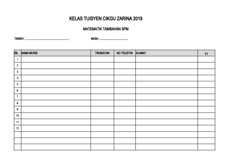 Borang Kehadiran Tuisyen | PDF