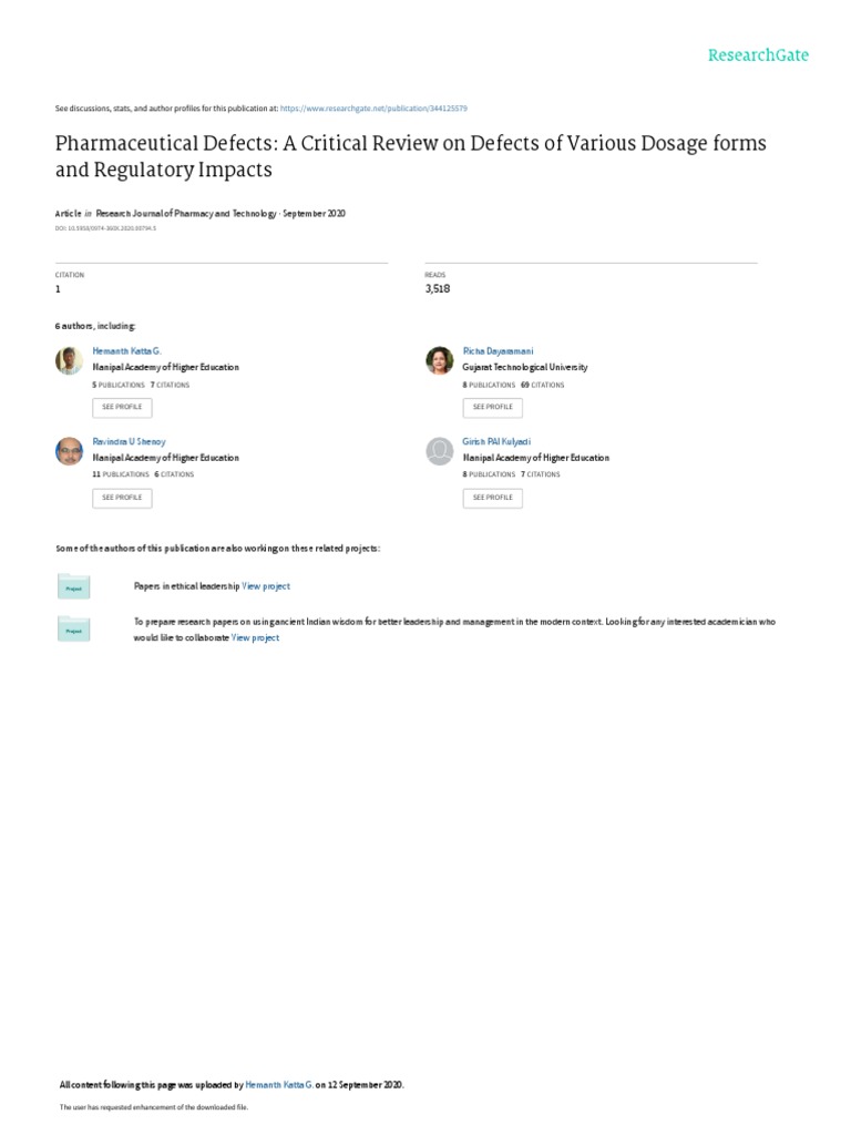 Pharmaceutical Defects: A Critical Review On Defects of Various Dosage ...