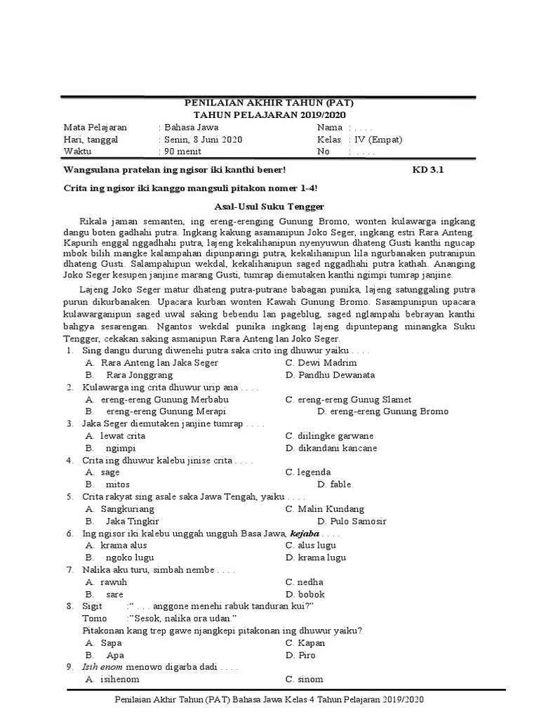 Soal Kunci N Penilaian Pat Jawa 2020 | PDF | Seni & Disiplin Bahasa