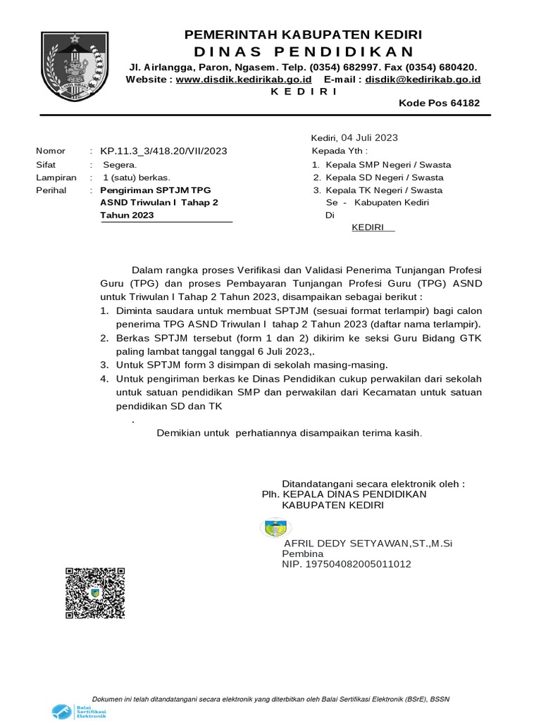 Surat Minta SPTJM TPG ASND TW 1 THP 2 2023 | PDF