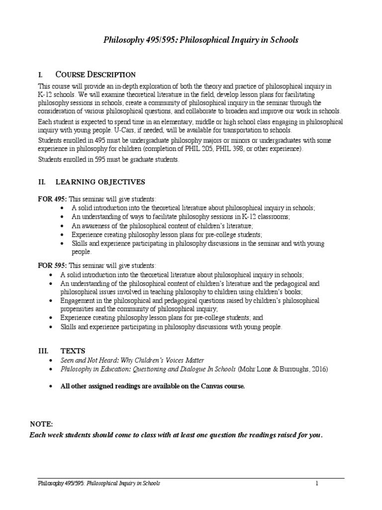 P4C Seminar-495syllabus | PDF | Lesson Plan | Cognition