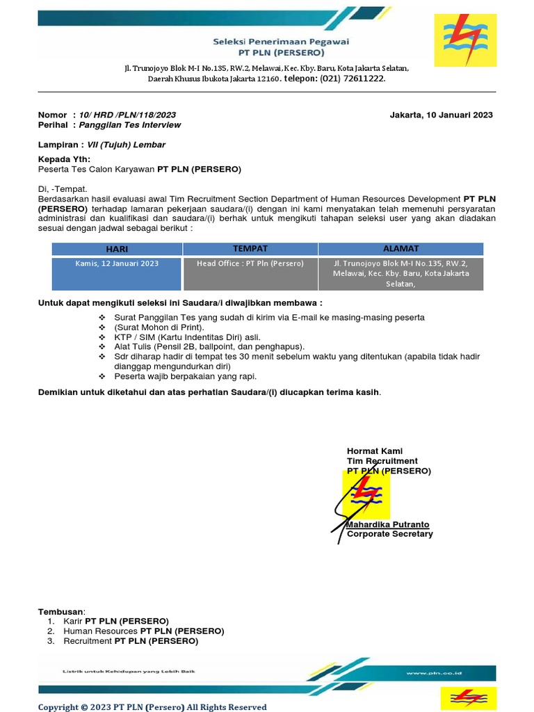 Surat Panggilan Interview PT. PLN (Persero) | PDF Surat Panggilan Interview PT. PLN (Persero) | PDF